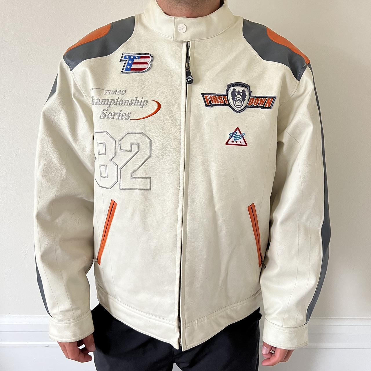 Vintage First Down Racing Leather Jacket Size:... - Depop