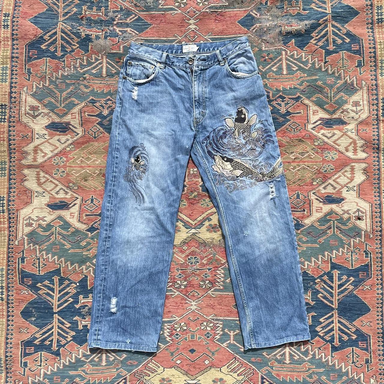 Vintage Japanese embroidered koi fish jeans - blue... - Depop