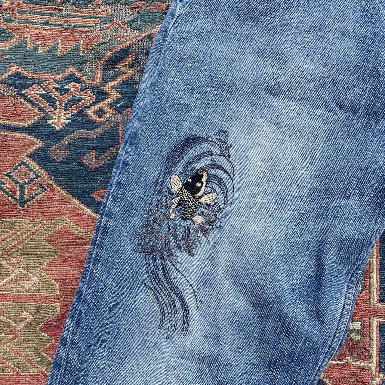 Vintage Japanese embroidered koi fish jeans - blue... - Depop