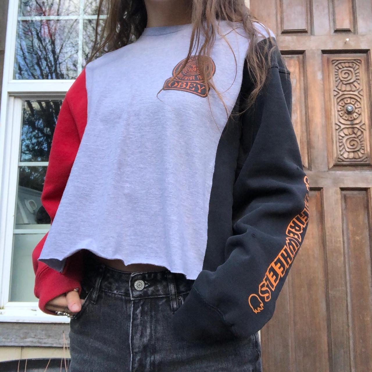 Obey Women's Grey and Red Jumper | Depop