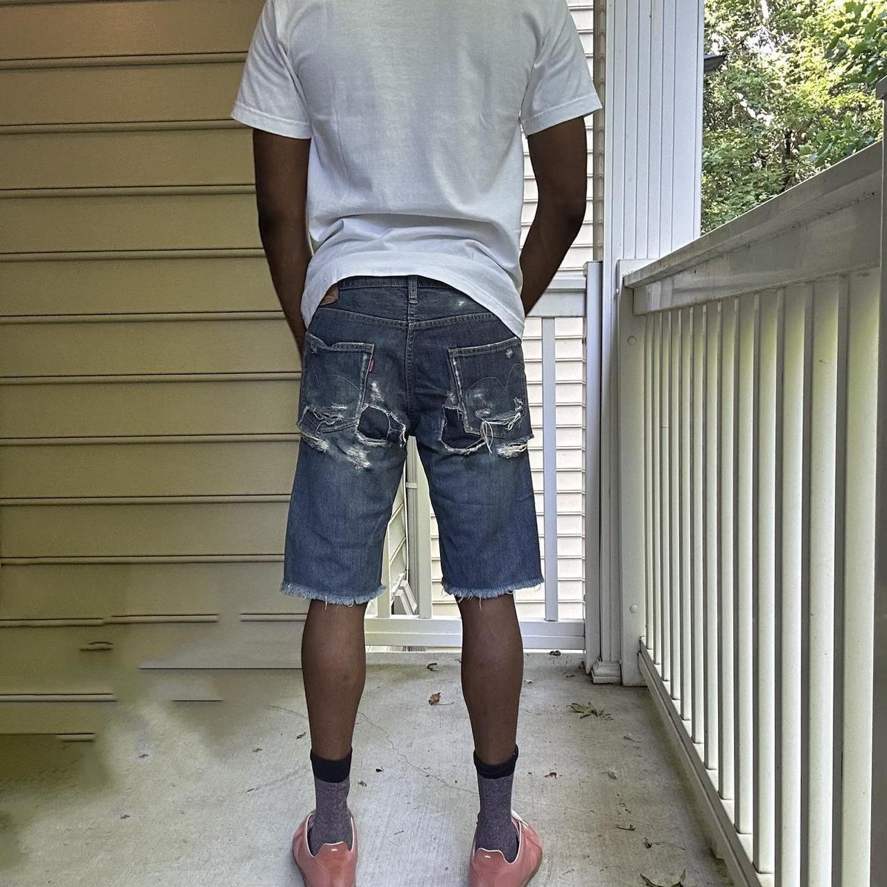 Vintage distressed patchwork jorts Waist :... - Depop