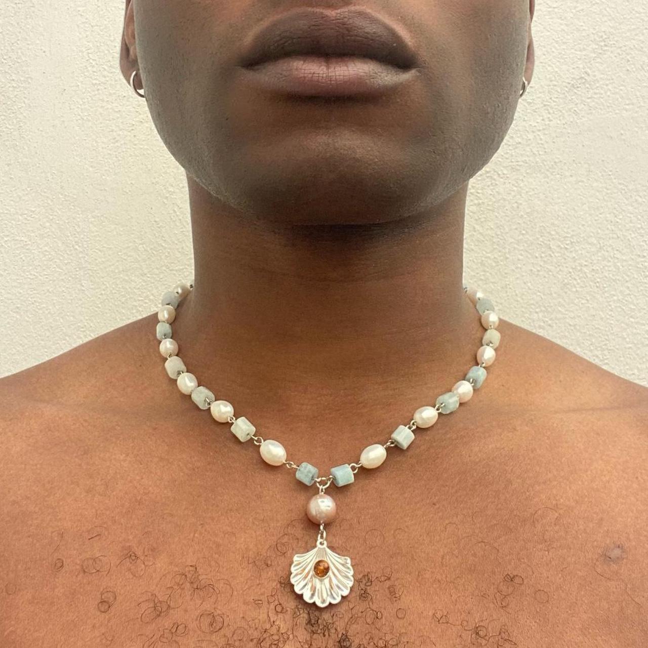 Aquamarine, Pearl & amber shell necklace Made with... | Depop