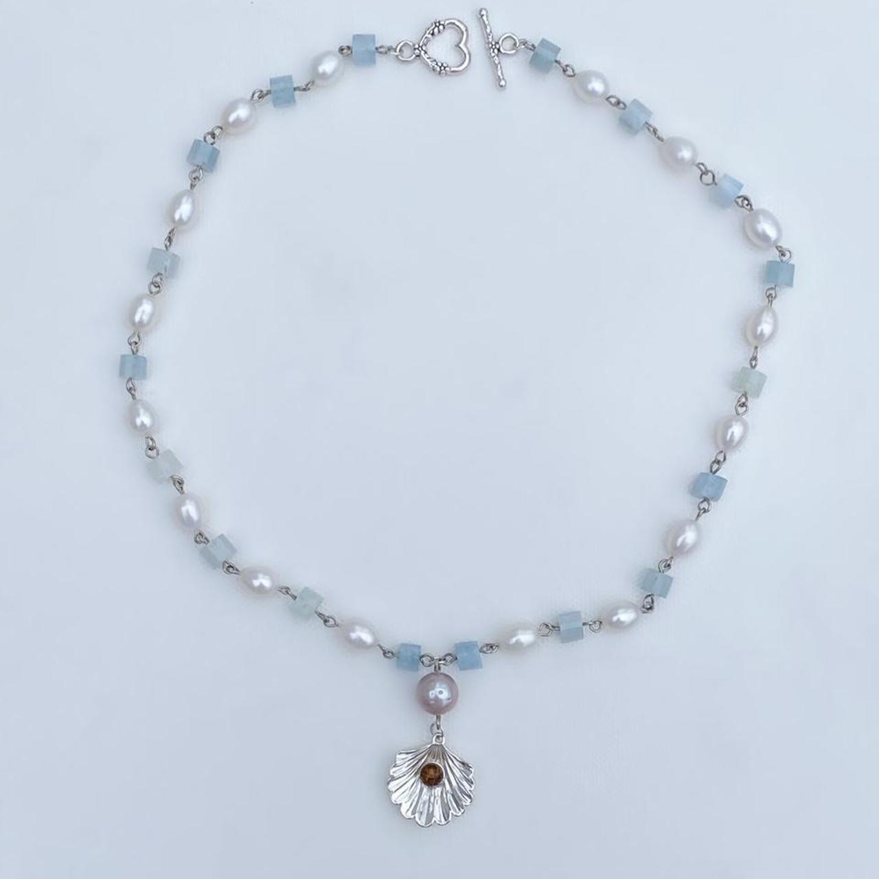 Aquamarine, Pearl & amber shell necklace Made with... - Depop