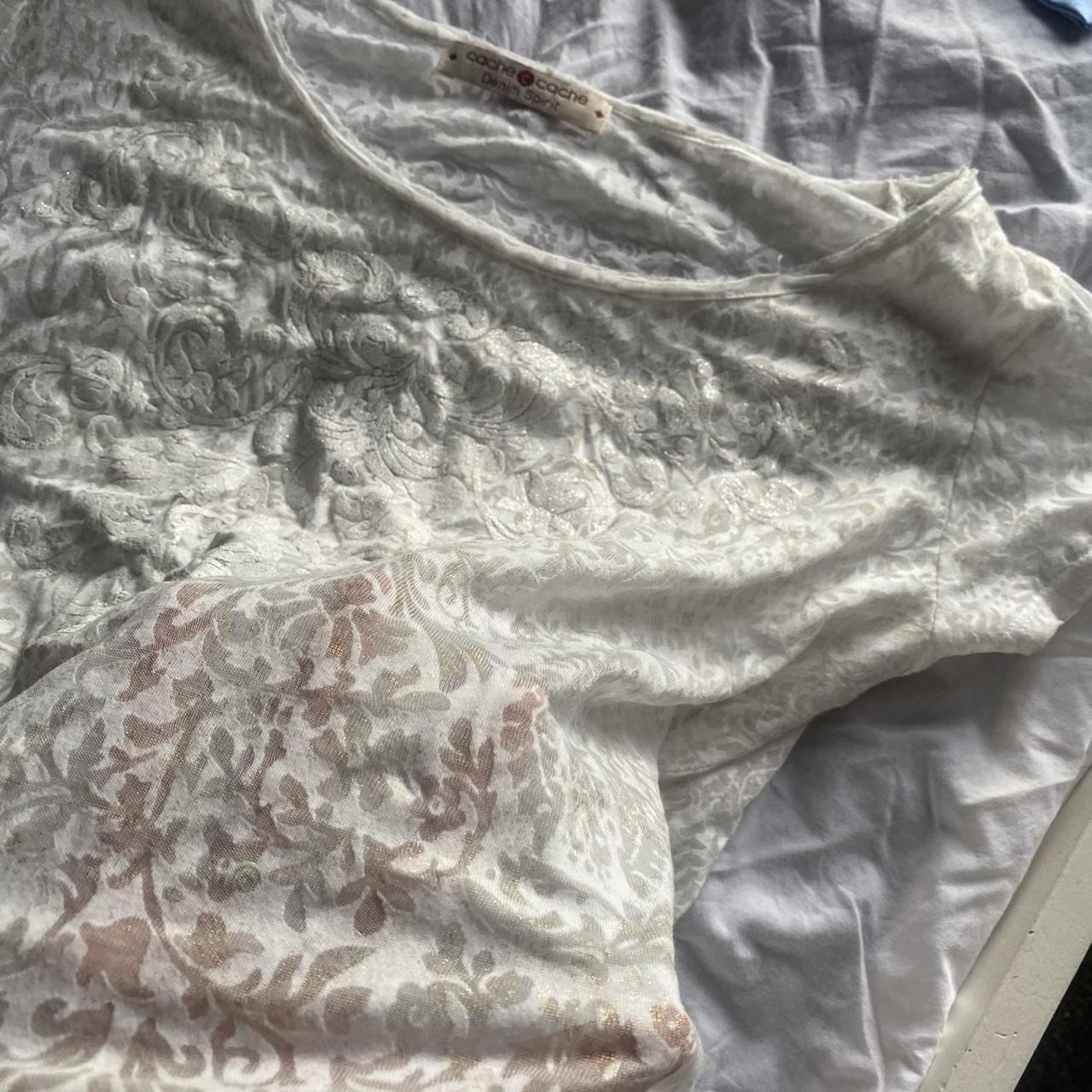 Cache Cache, Lace Print Mesh Top, 2000s wide neck... - Depop