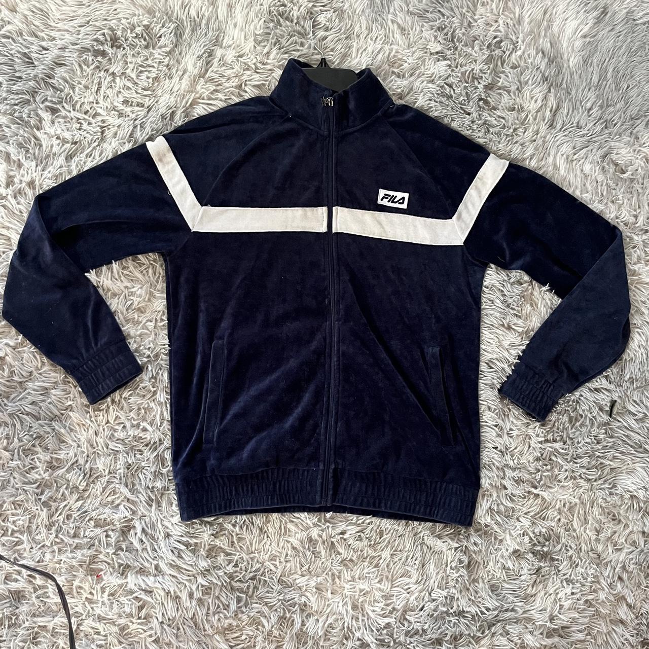 Medium Navy Blue Vintage Fila Velvet zip up jacket... - Depop