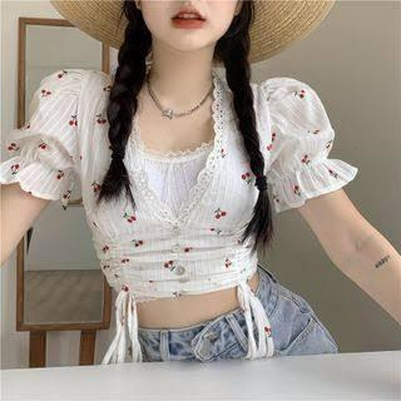 YESSTYLE puff-sleeve lace trim cherry print cropped... - Depop