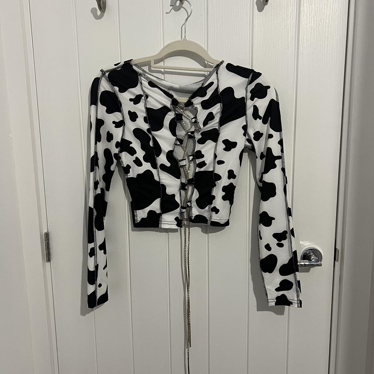 SHEIN Cow print diamanté front lace up top Size... - Depop