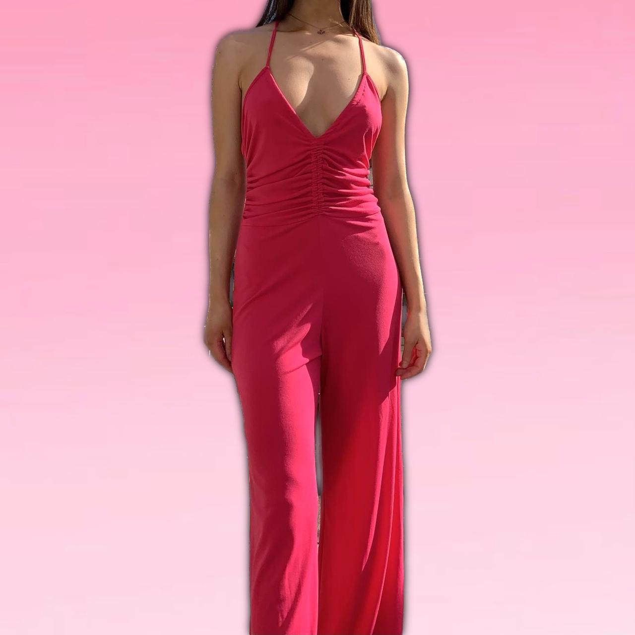 💗Zara pink low cut wide leg jumpsuit. Low V neck... - Depop