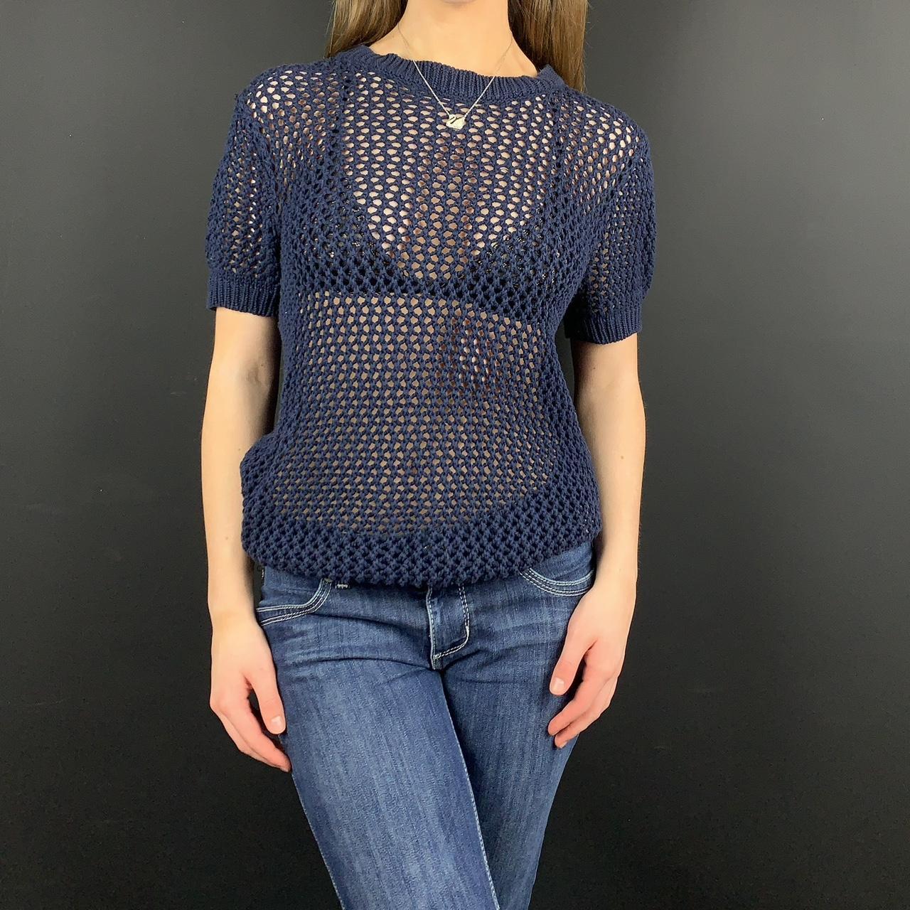 💙Agnes b crochet knit jumper Navy mesh hole-knit... - Depop