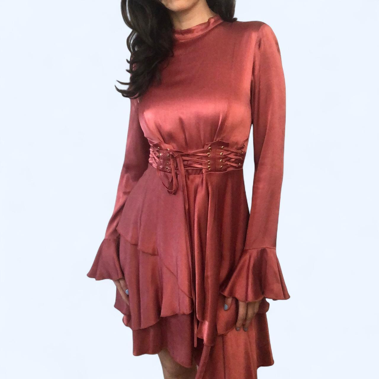 Beautiful peachy, burnt rust-ish color satin dress... | Depop