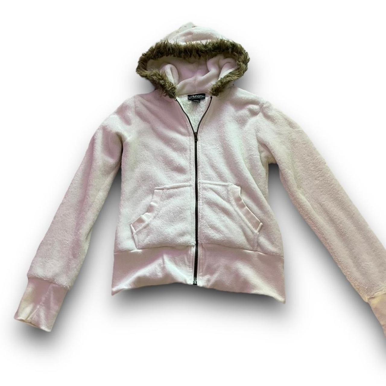 y2k zip up super cute fuzzy white zip up with fur... - Depop
