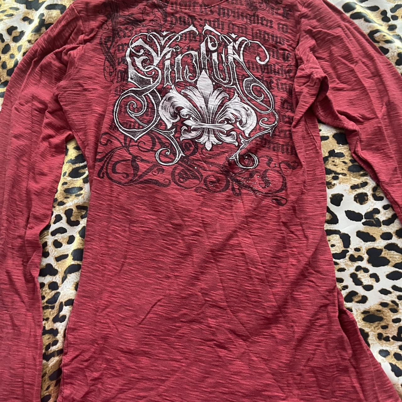 y2k sinful by affliction top super cool red... - Depop