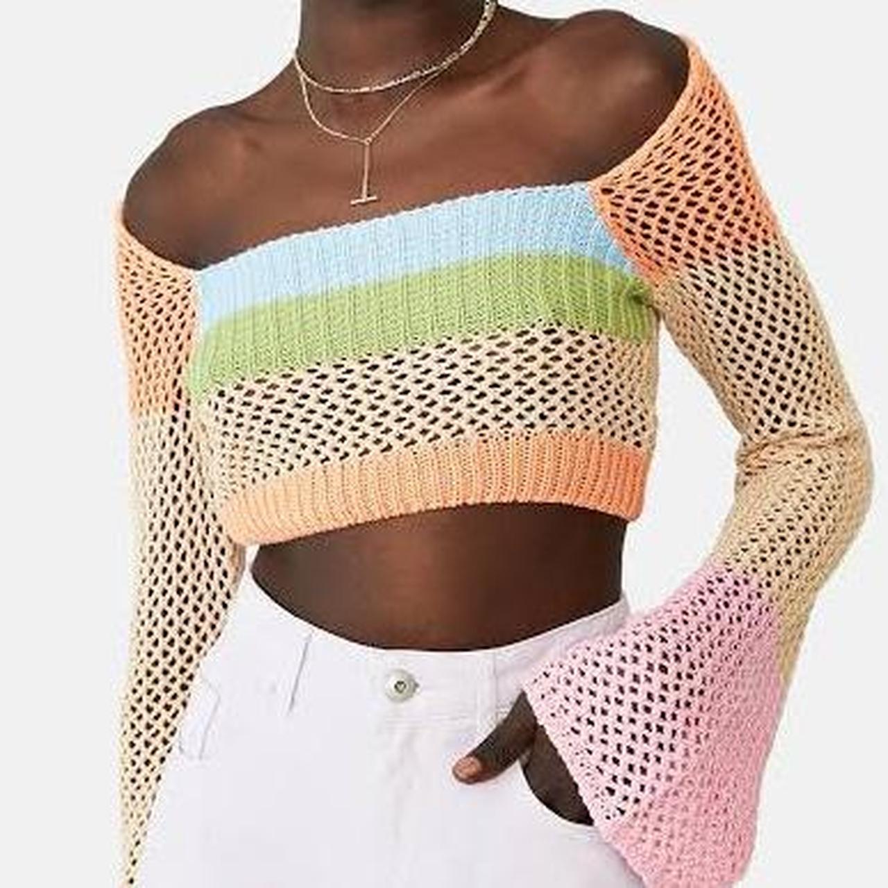 Crochet Rainbow Crop with Flared Sleeves - Size... - Depop