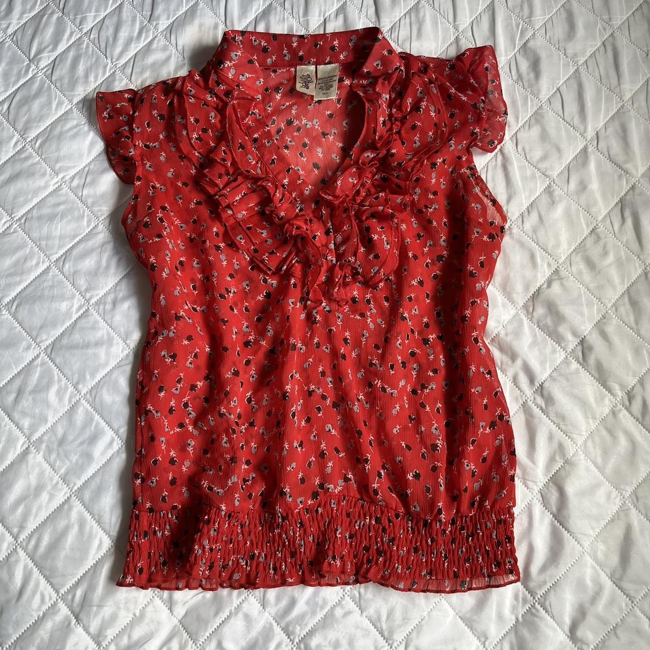 Red flower print blouse — Has ruffles, buttons, and... - Depop