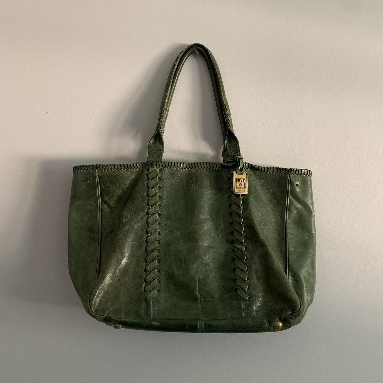 vintage frye green leather oversized purse good... - Depop