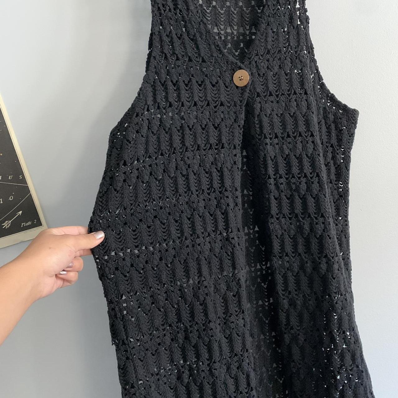 Vintage black crochet long vest Approximately size... - Depop