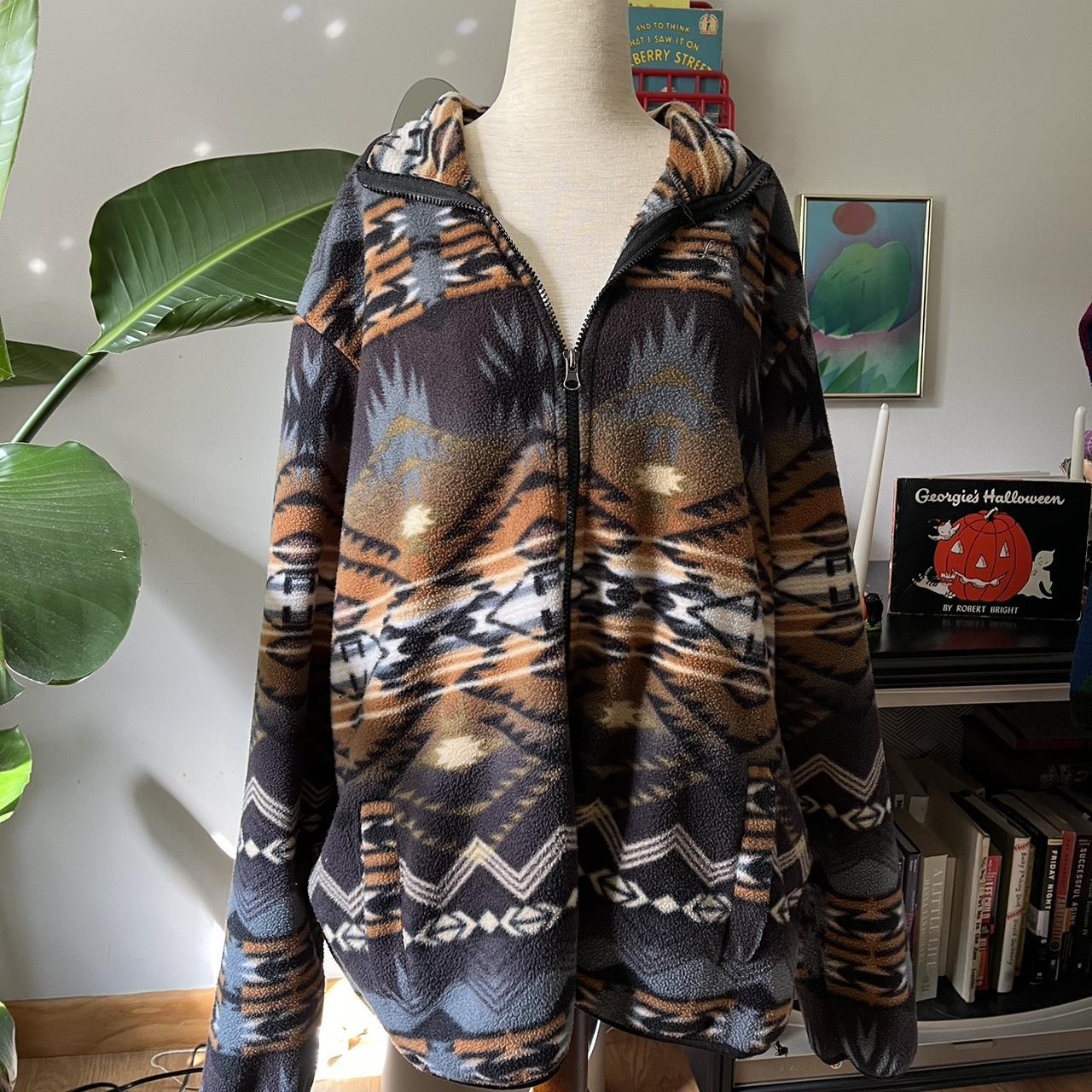 Brown and tan Aztec pattern fleece jacket with a... - Depop