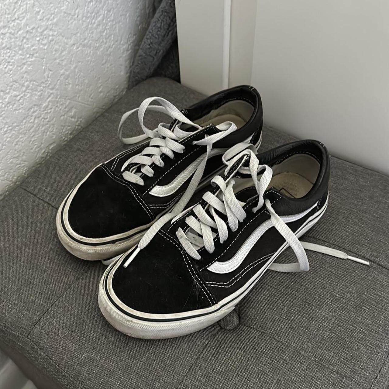 Black and white vans size 4.5 men / 6 in woman worn... - Depop