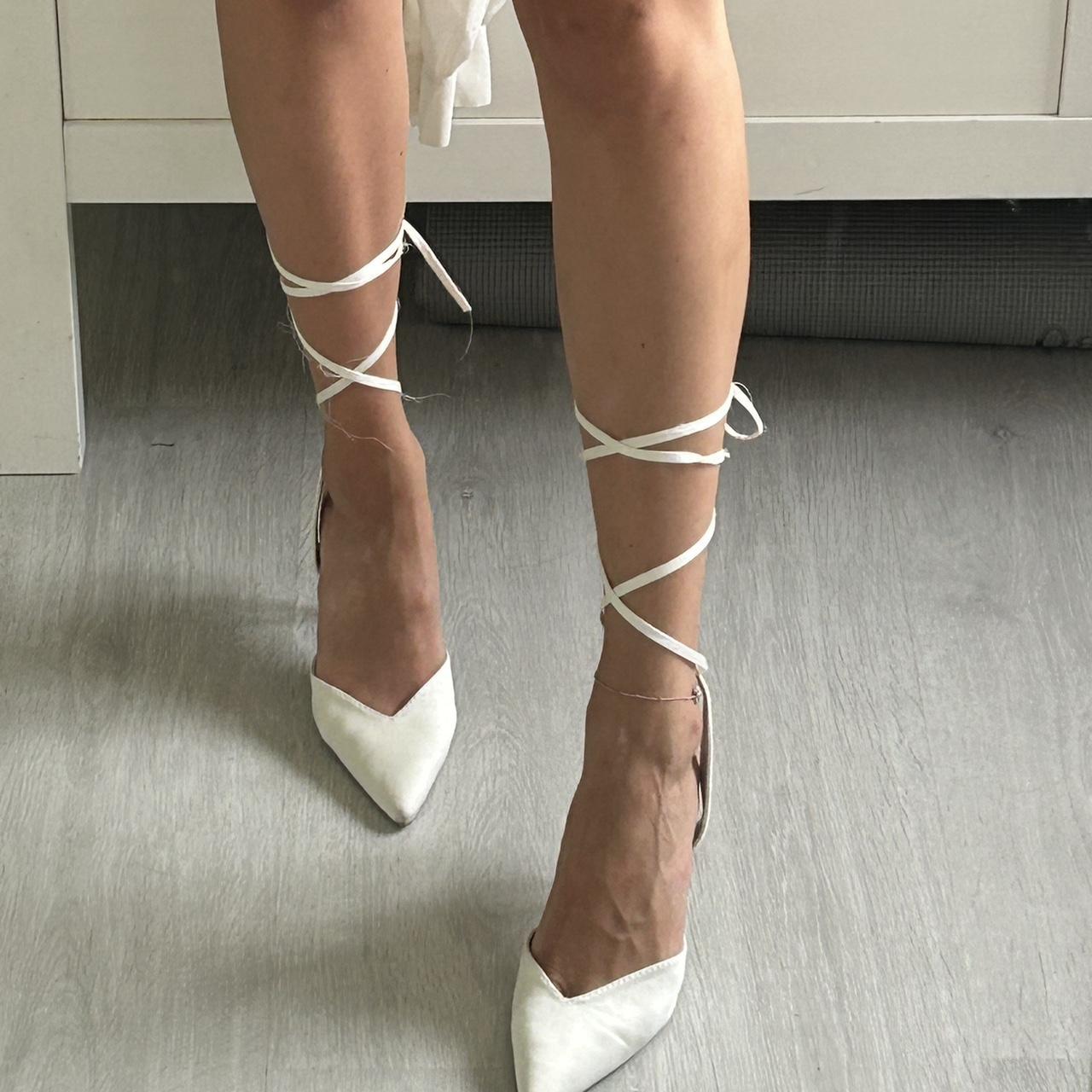 White satin 3 inch heels Worn once but small mark... - Depop