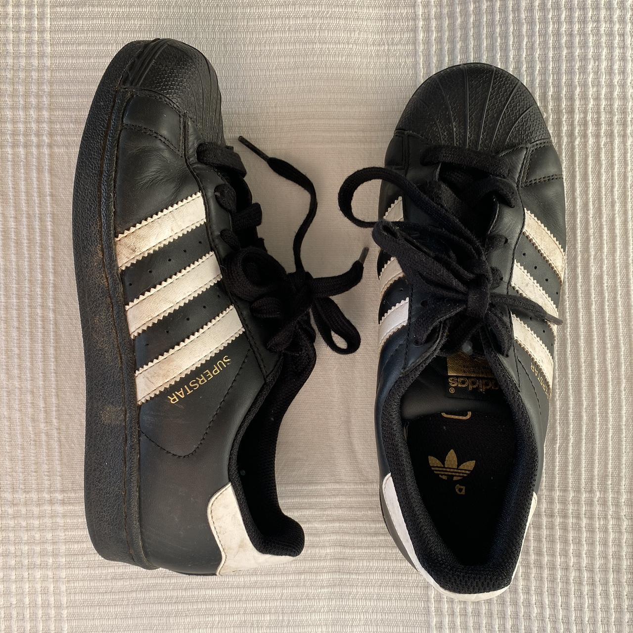 adidas superstars black and white stripe with gold... - Depop