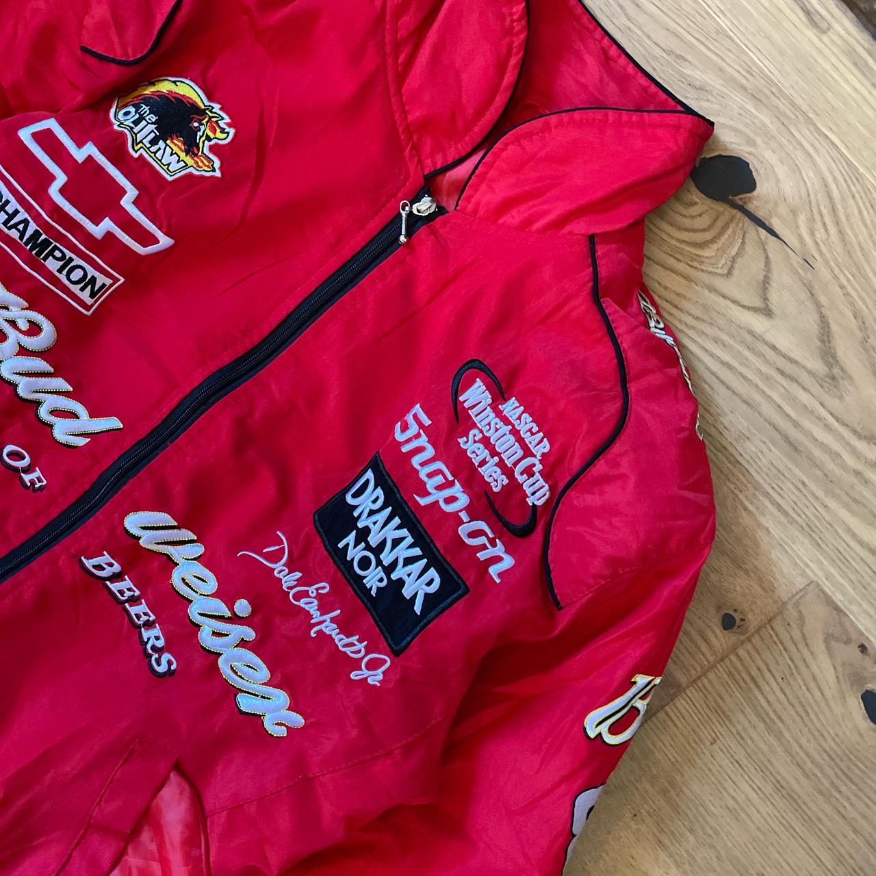 Vintage Red Budweiser NASCAR jacket with embroiders... | Depop