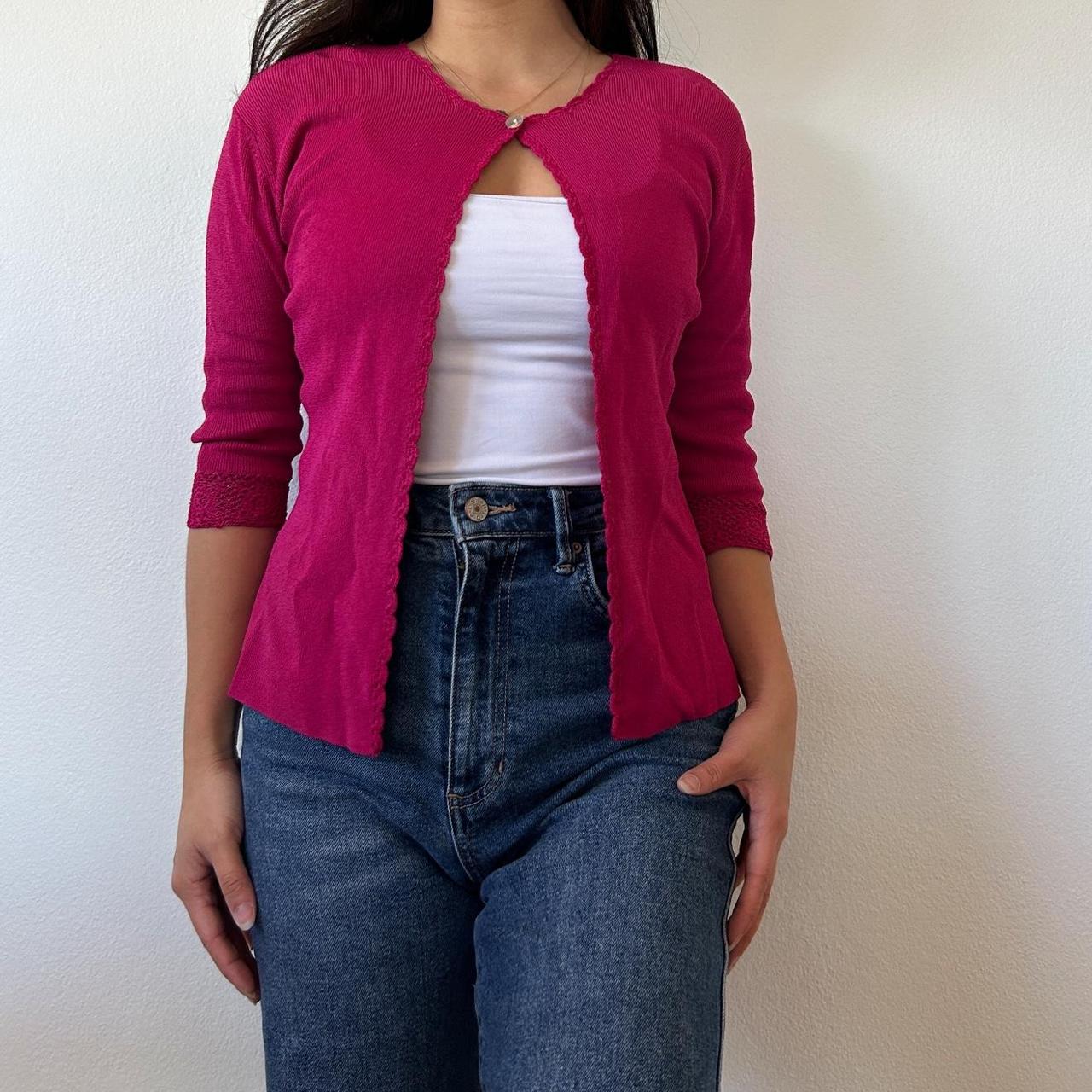 Fuchsia hot pink cardi Knit type material 3/4... - Depop