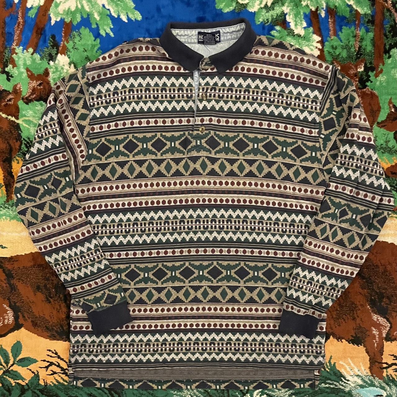 2000s Aztec Allover Print Long Sleeve Polo... - Depop