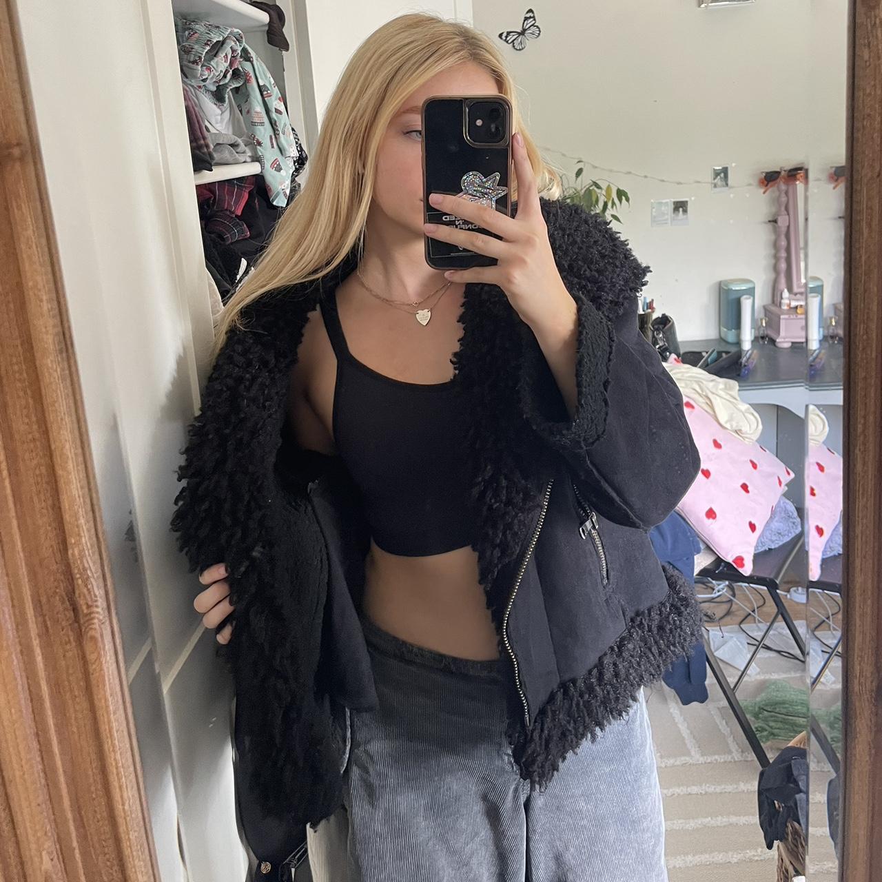 the rockin rev black shearling coat size uk14 shown... - Depop