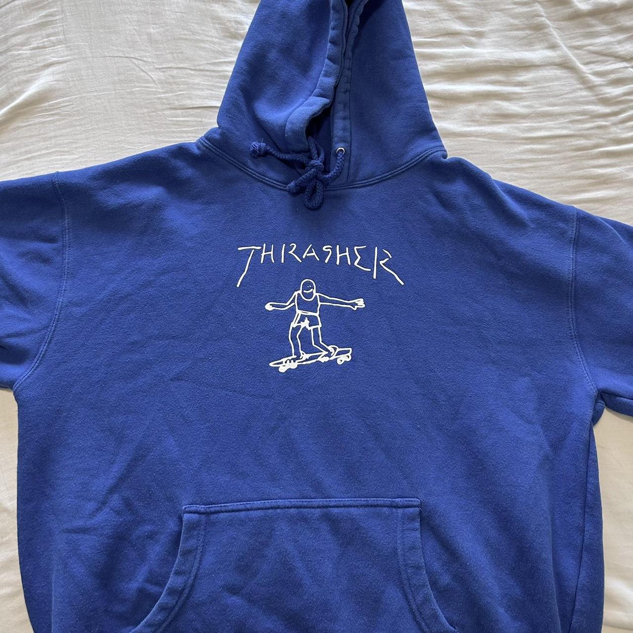 Thrasher Men's Blue and White Hoodie | Depop