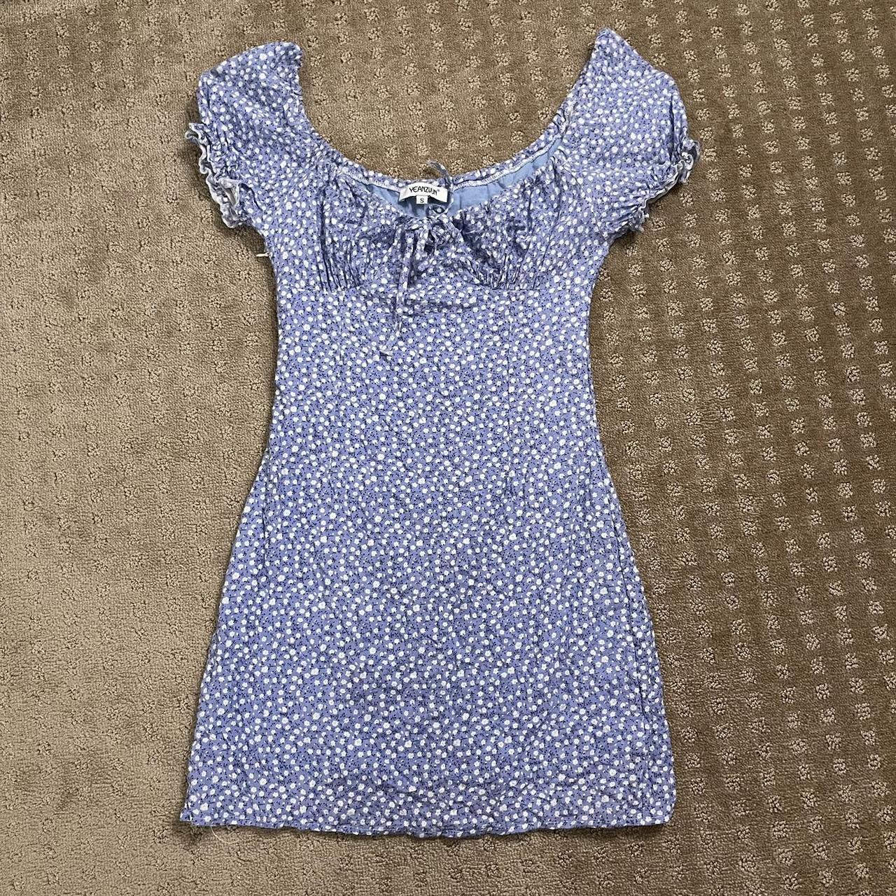 blue floral summer dress with puff sleeve worn... - Depop