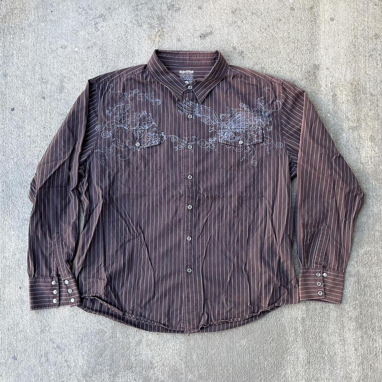 Y2K button up by MACHINE has sun fading on... - Depop