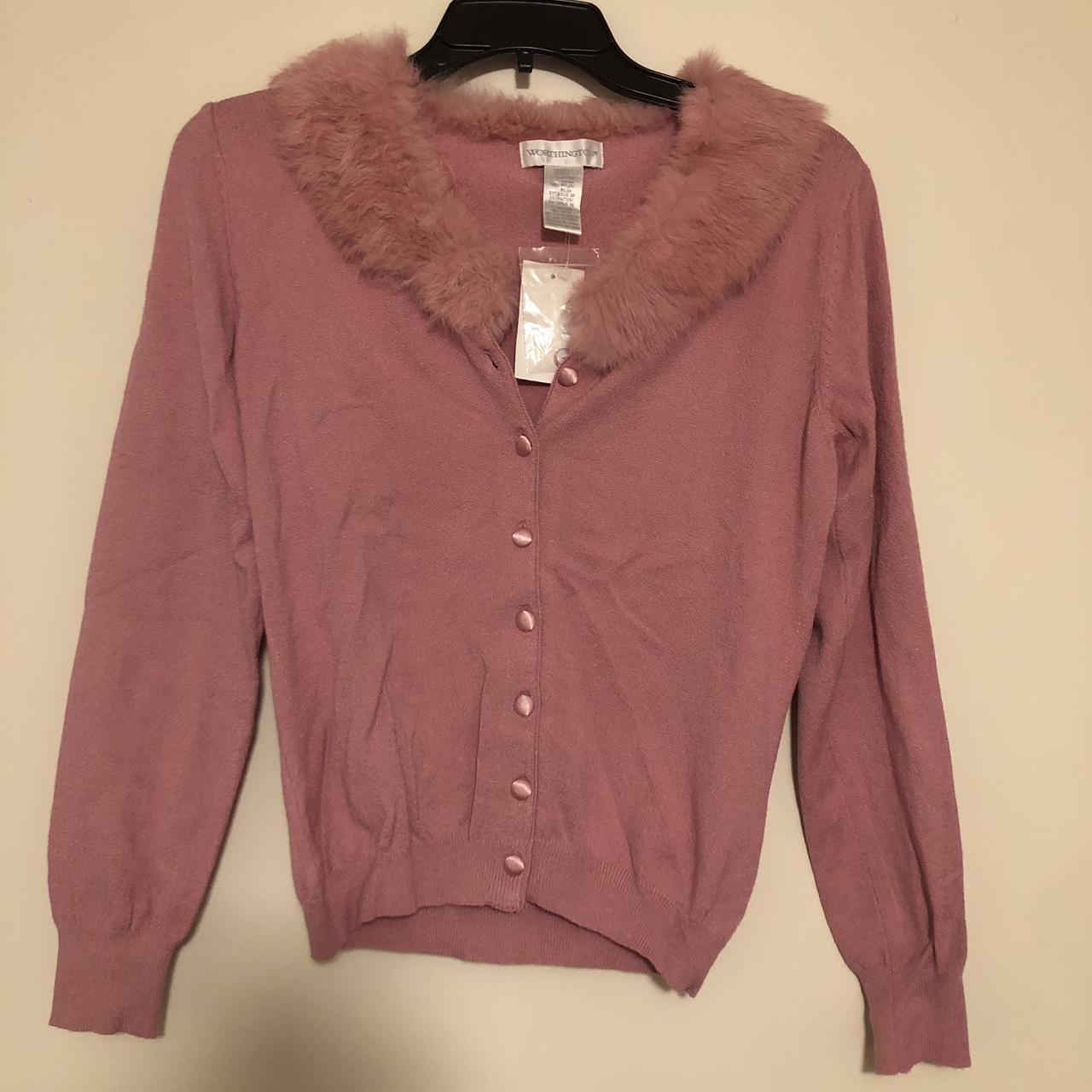 Worthington Pink Button Up Sweater With Fur... - Depop