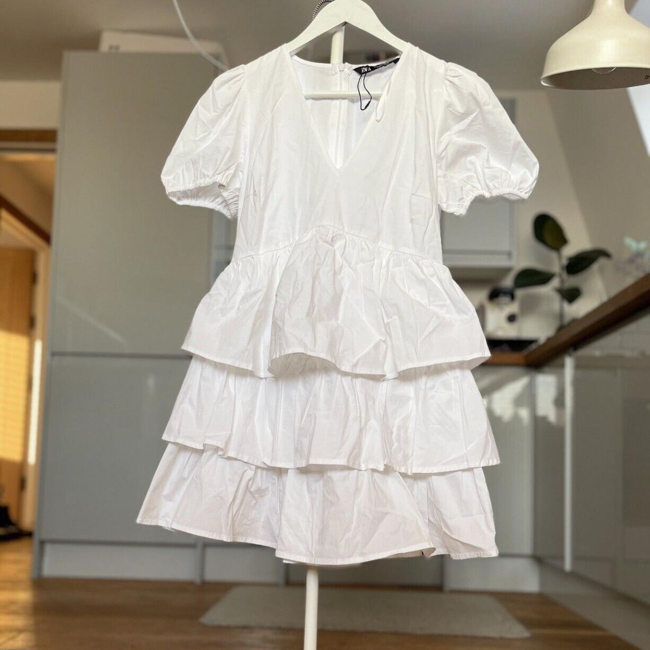 Zara White Ruffle Dress tier Size: M |... - Depop