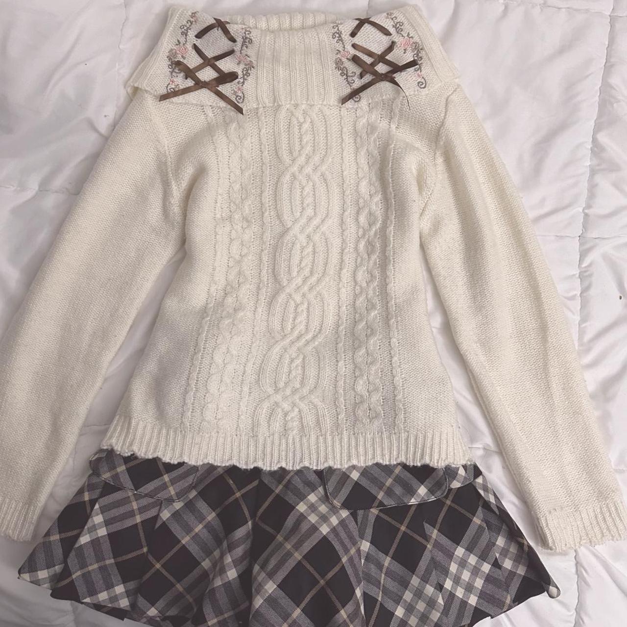 axes femme lace up flower off shoulder sweater S-M - Depop