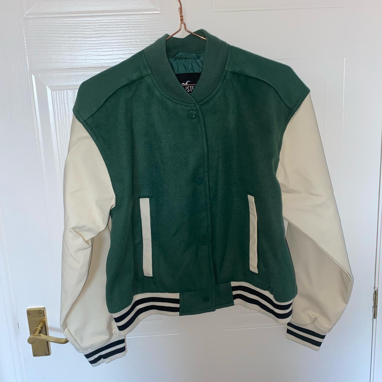 Hollister green and cream varsity bomber jacket.... - Depop