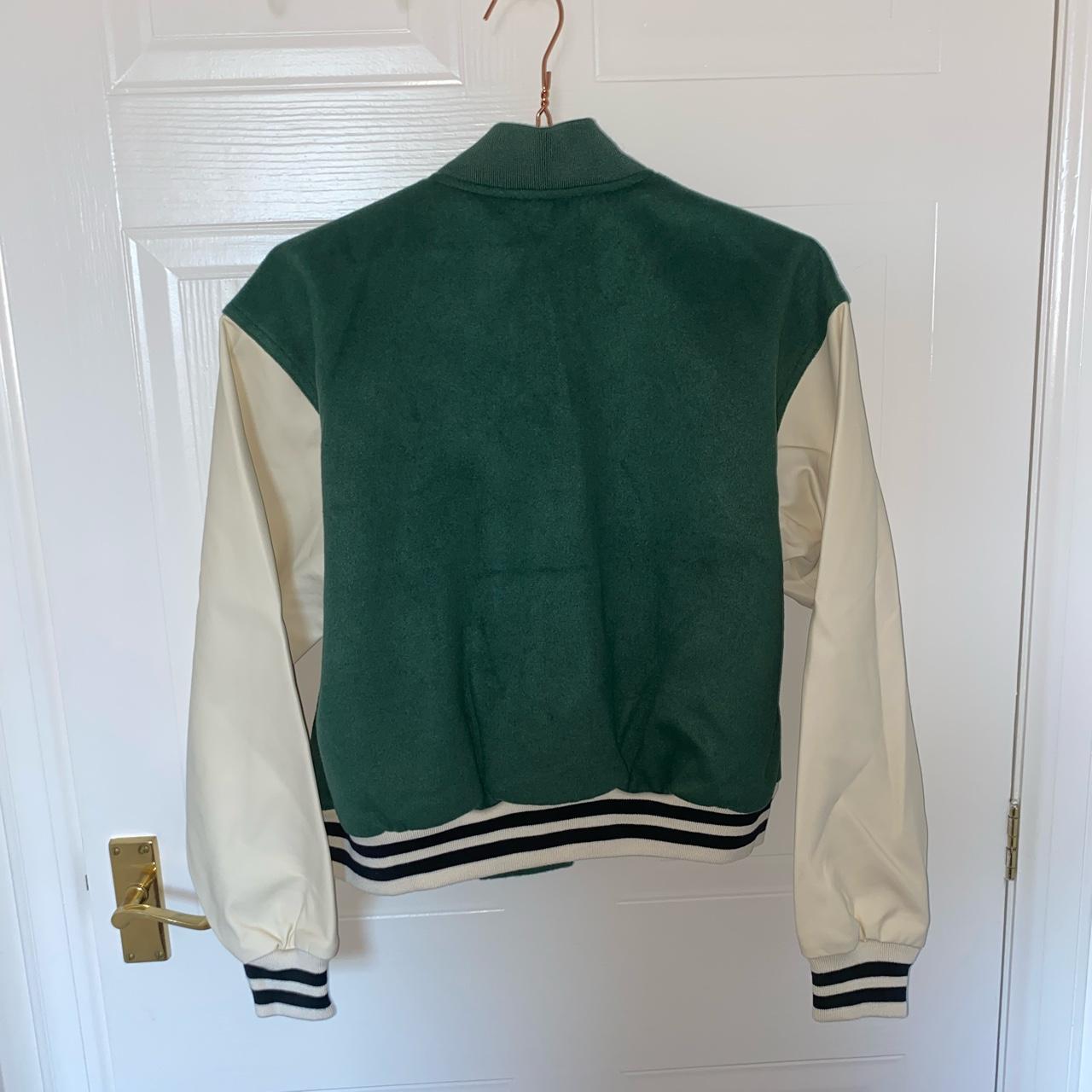 Hollister green and cream varsity bomber jacket.... - Depop
