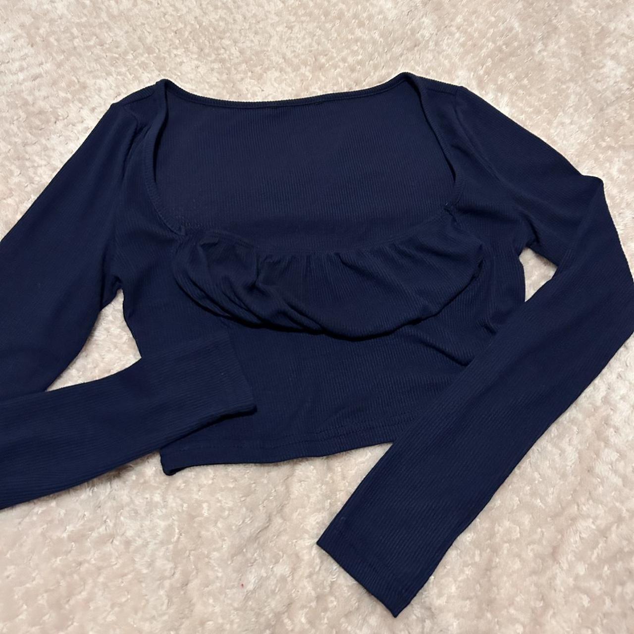 Navy Blue Ribbed Ruched Chest Long Sleeve Cropped... - Depop