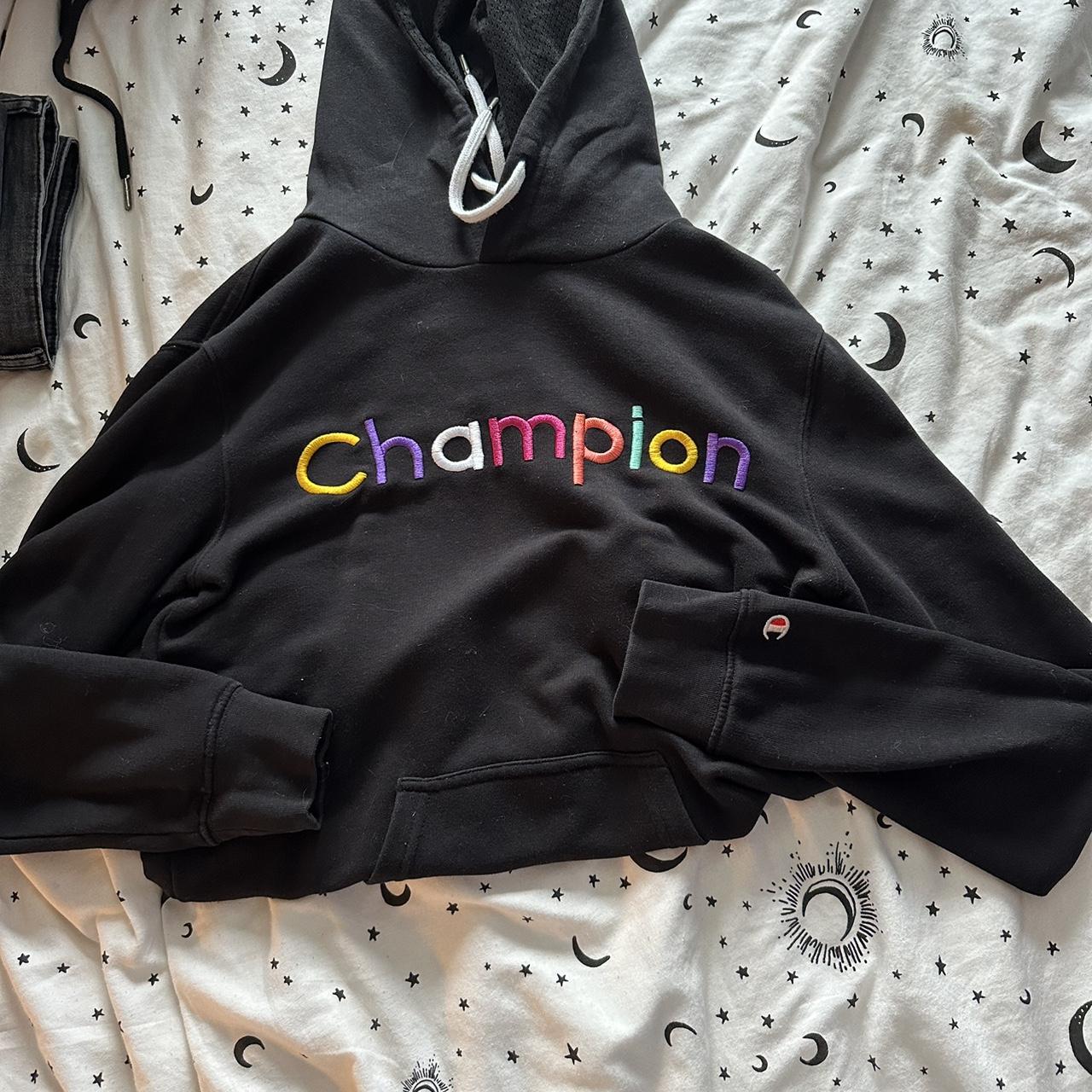 Champion jumper colourful branding X/small Worn once - Depop