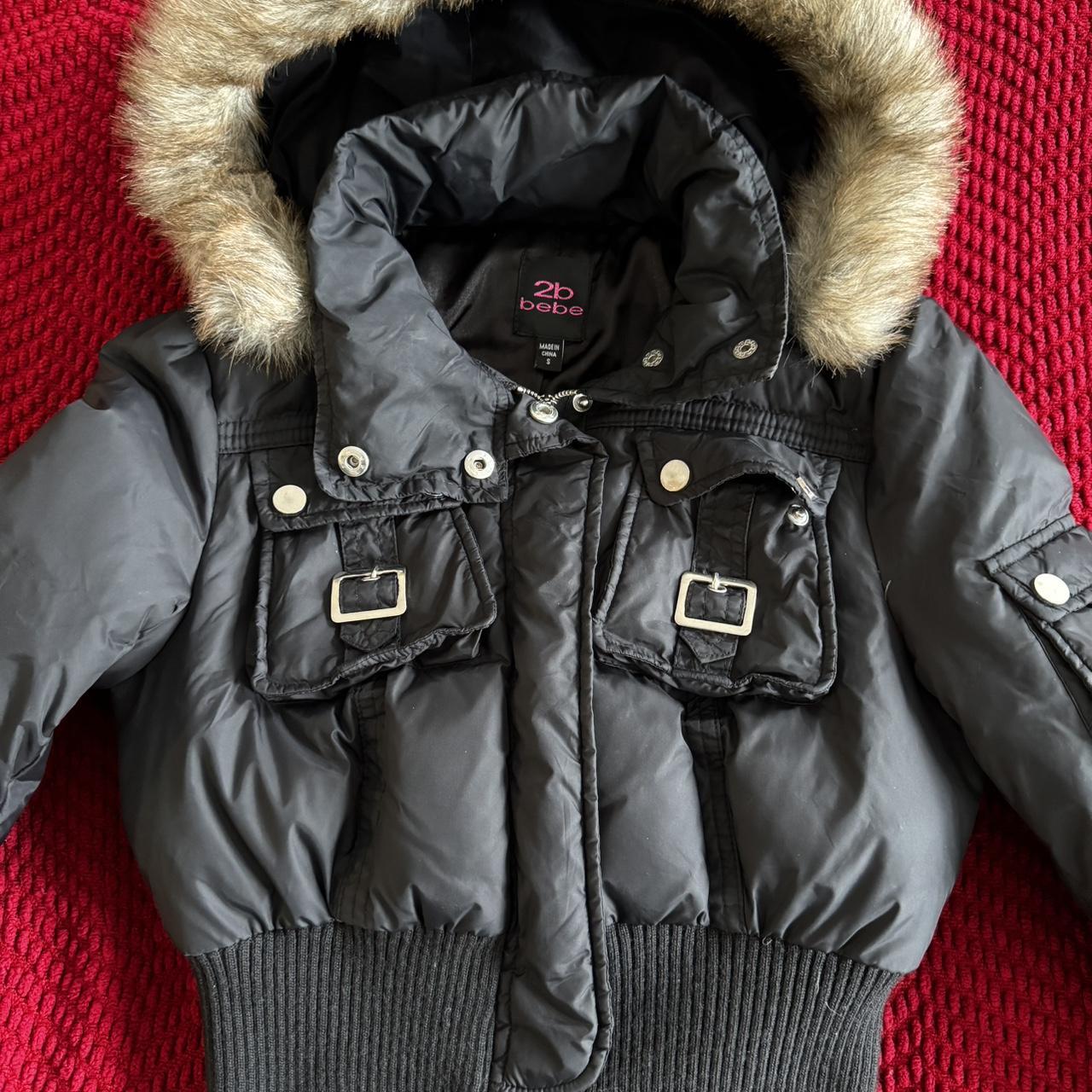 Iconic Black 2B bebe cropped puffer coat with faux... | Depop