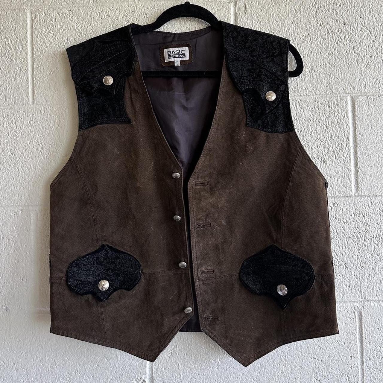 black and brown leather vest with patterned... - Depop