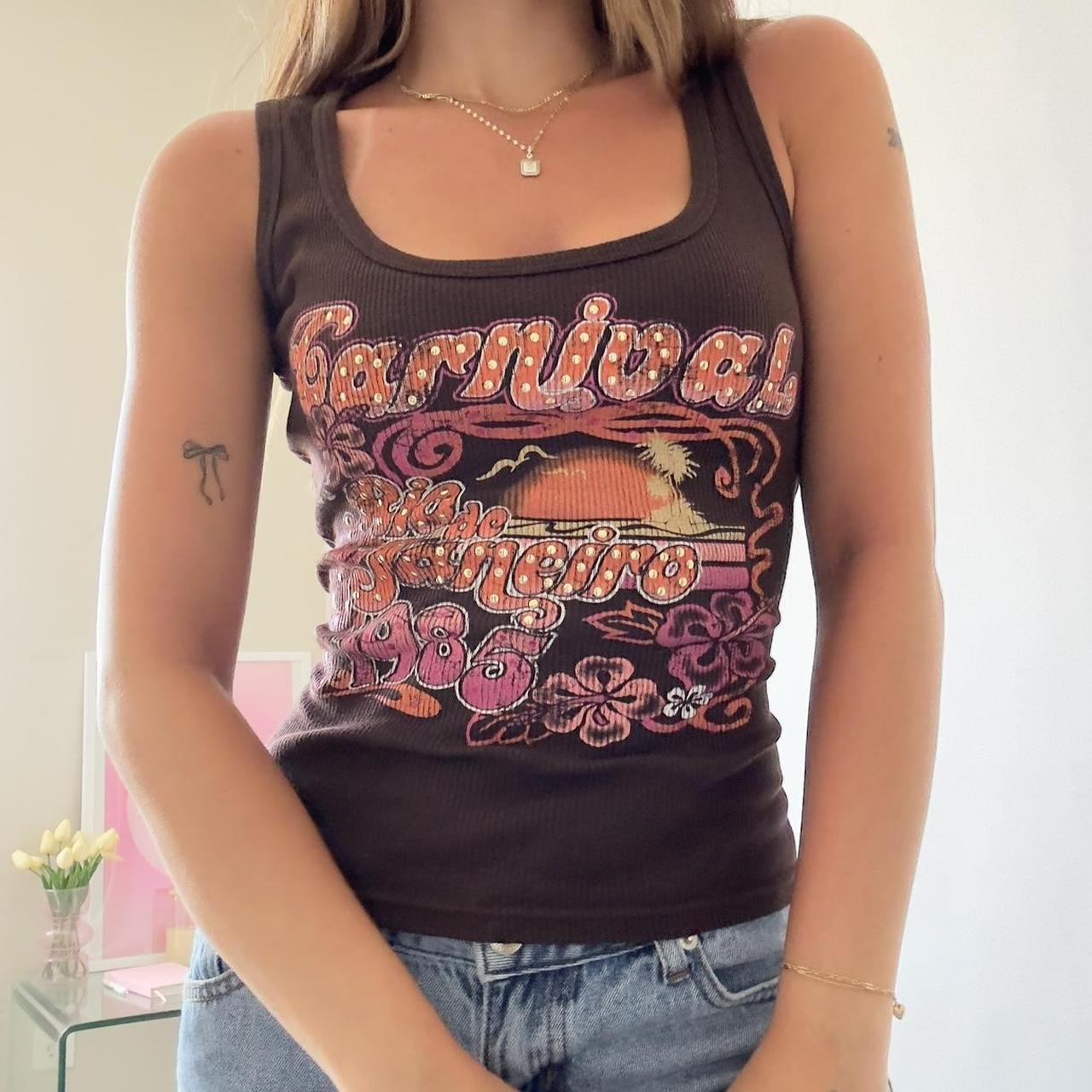 Clockhouse top 🧸🎀 brown & pink vintage bedazzled... - Depop