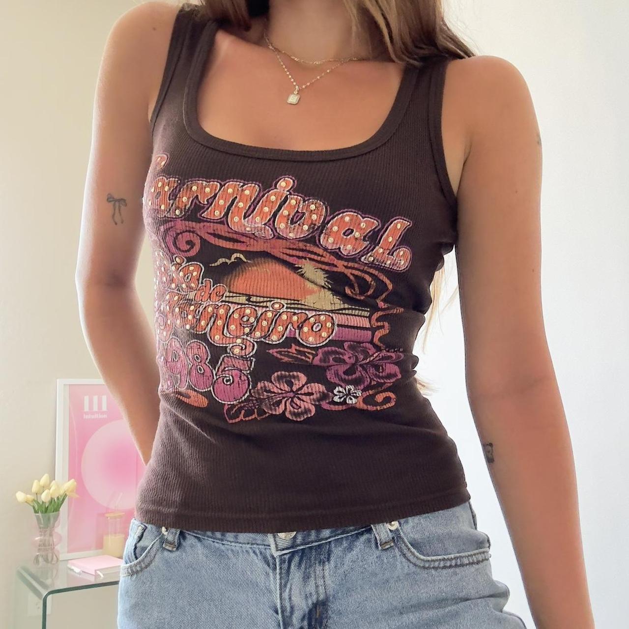 Clockhouse top 🧸🎀 brown & pink vintage bedazzled... - Depop