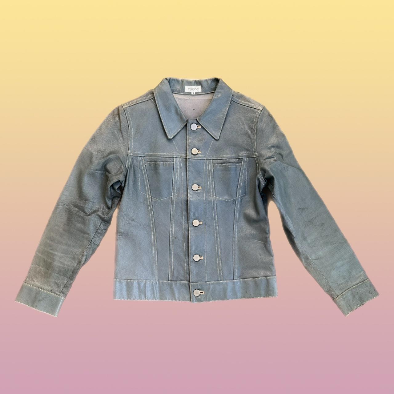 Vintage gray blue button up leather jacket with... - Depop