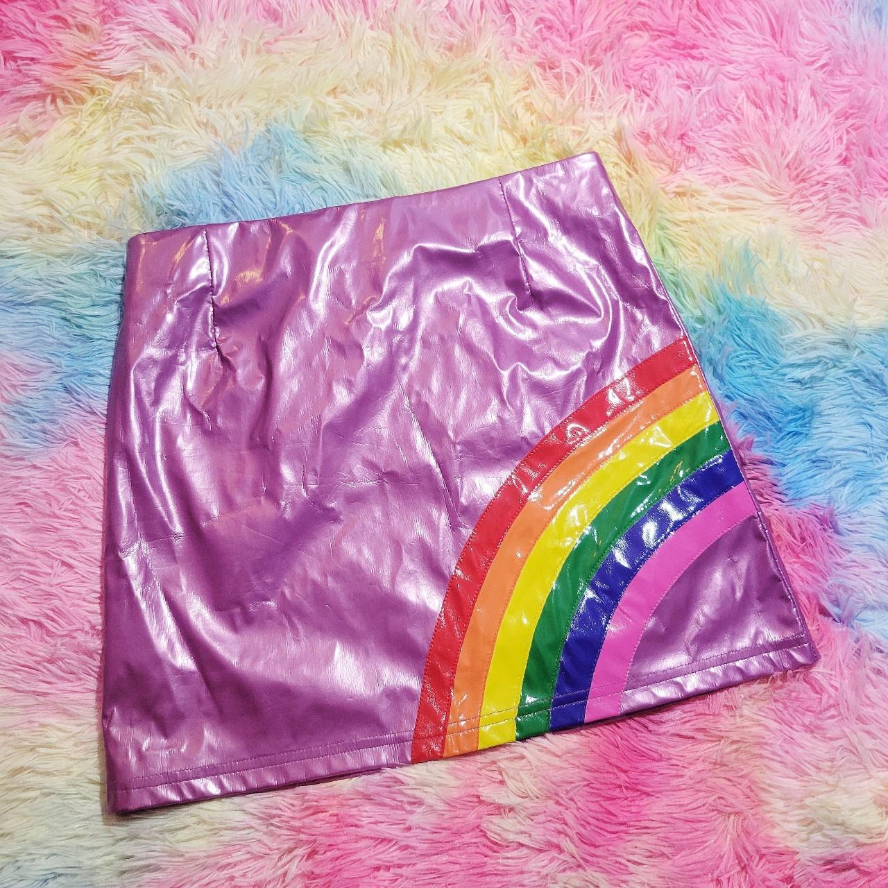 Delia's Dollskill Pink Rainbow Vinyl Skirt ── ⋆⋅♡⋅⋆... - Depop