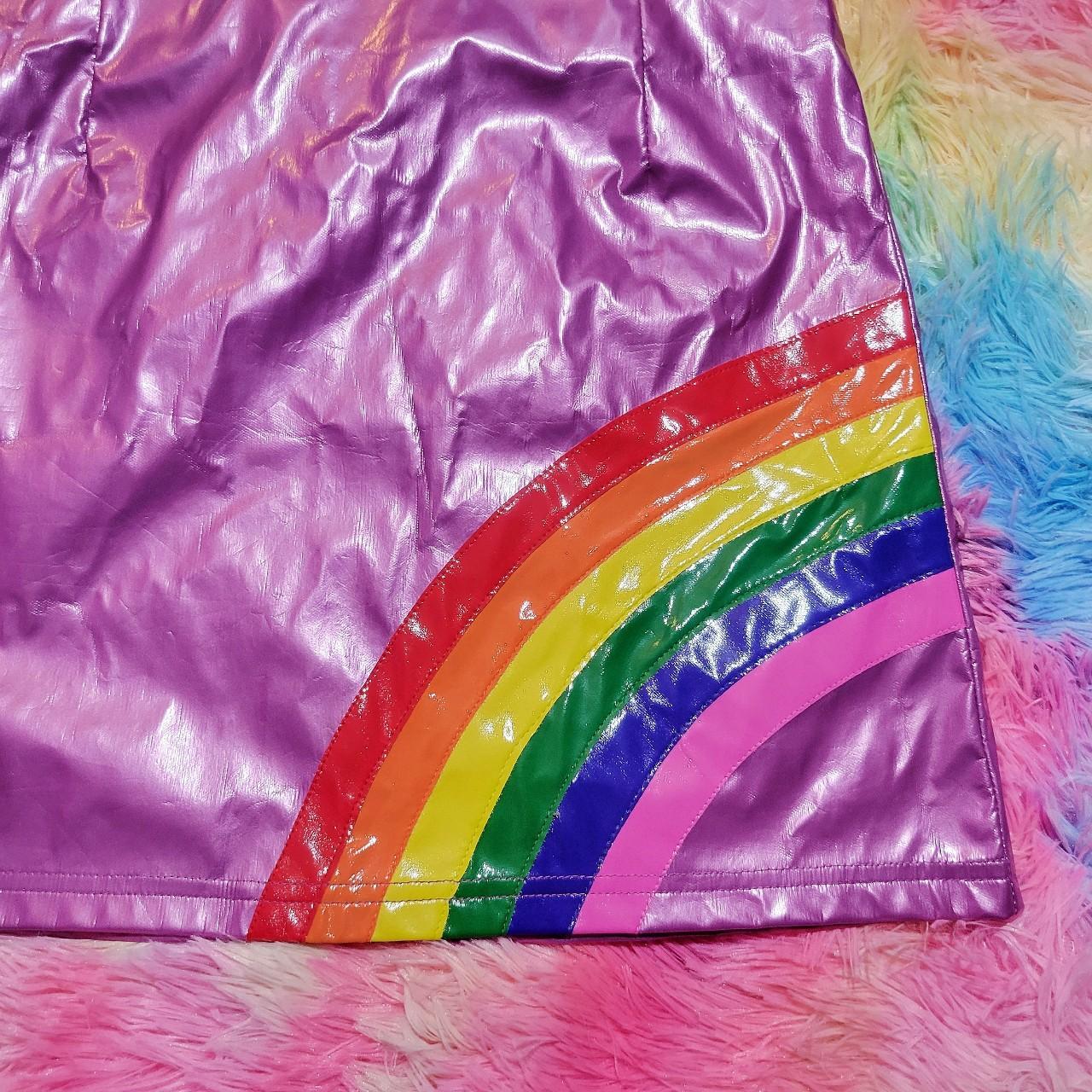 Delia's Dollskill Pink Rainbow Vinyl Skirt ── ⋆⋅♡⋅⋆... - Depop
