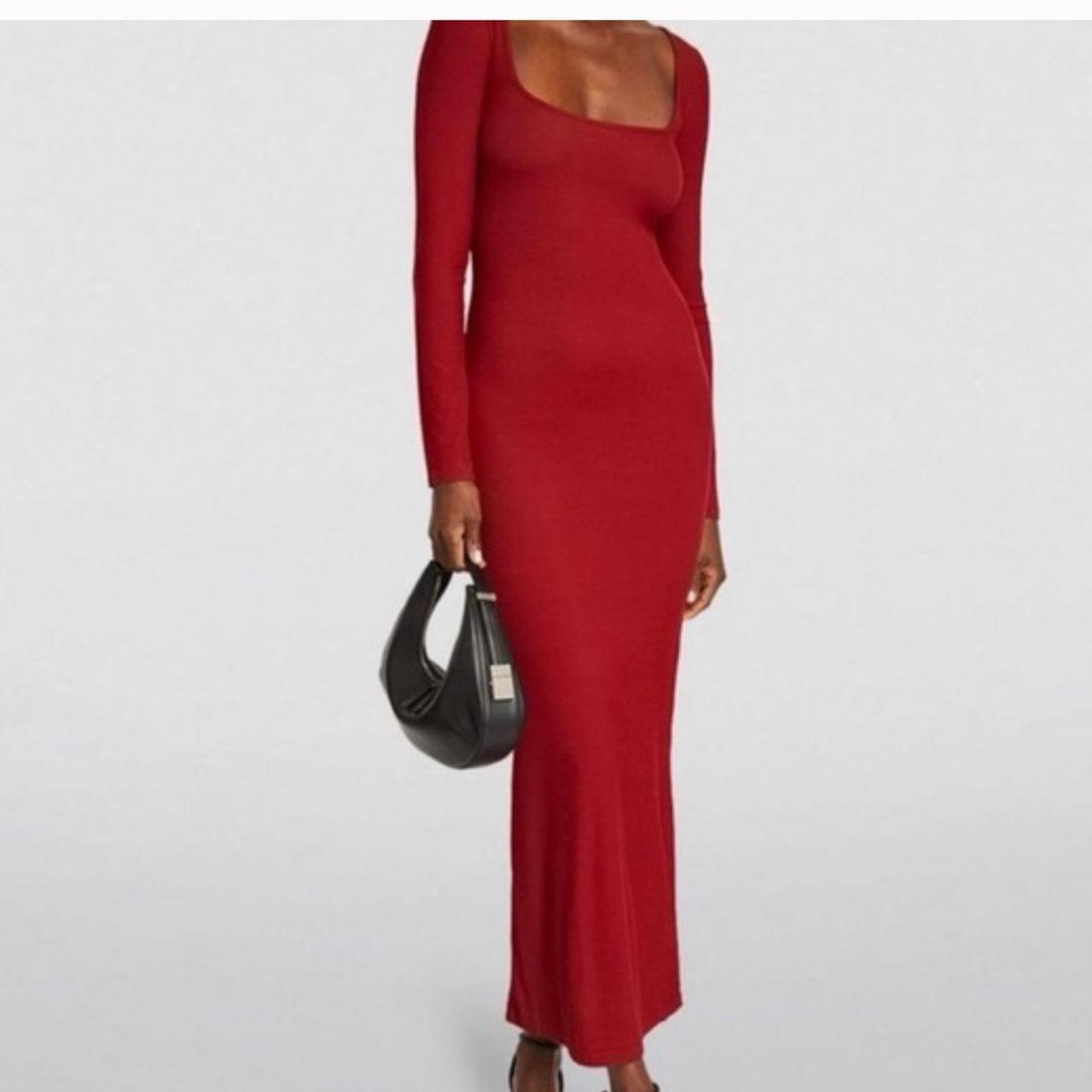 SKIMS Red long sleeve square neck dress size s - Depop