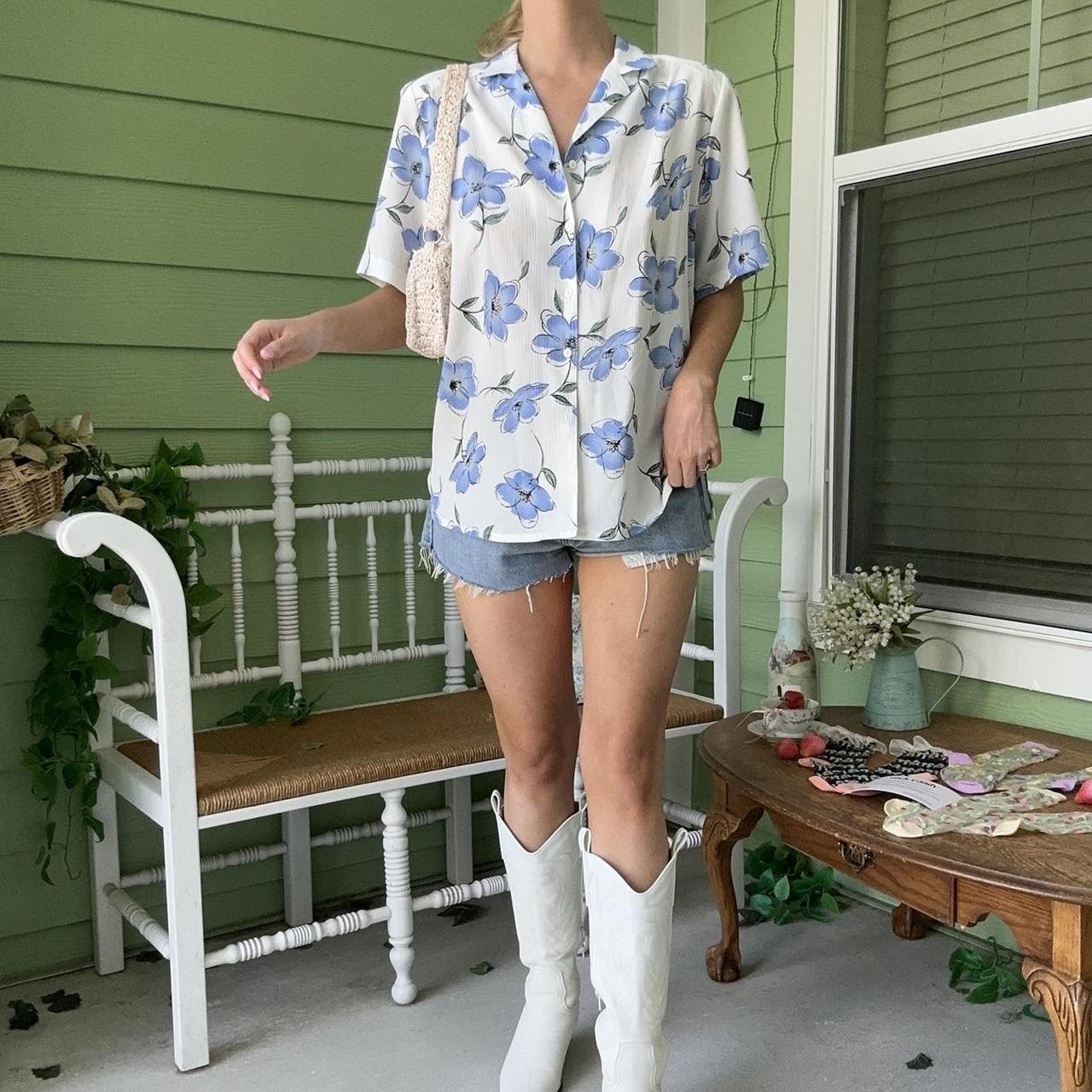 Allison Daley Women's White and Blue Blouse | Depop