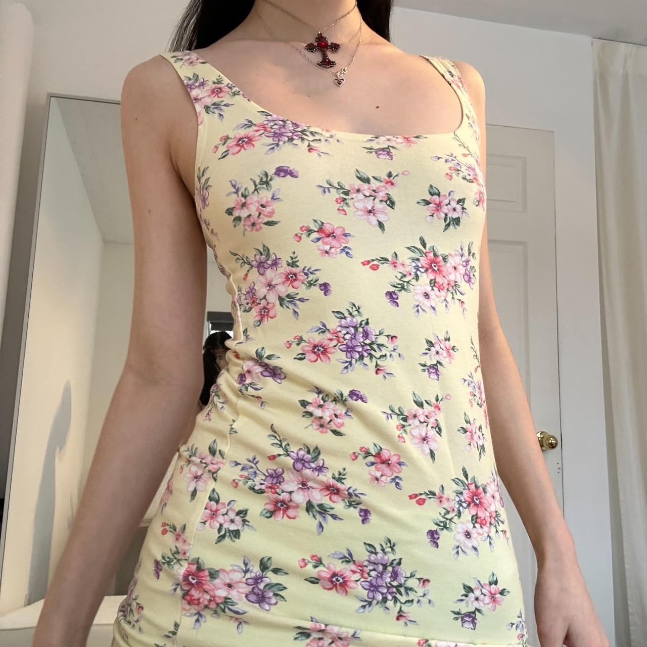 pretty light yellow fitted dress with floral pattern... - Depop
