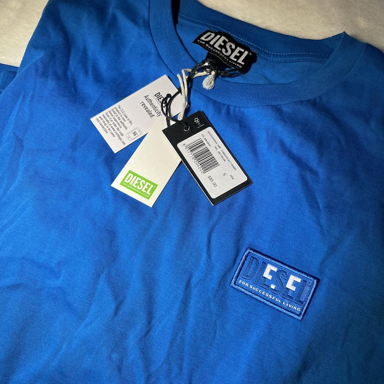 Diesel Red Tag Women's Blue and White T-shirt | Depop