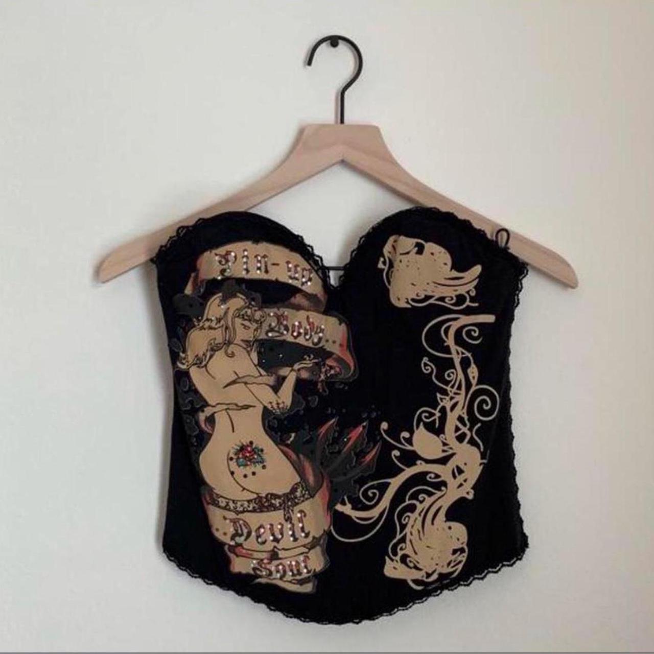 cute bedazzled nude devil corset LARGE COULD FIT... - Depop